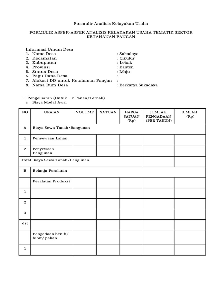 Formulir Analisis Kelayakan Usaha | PDF