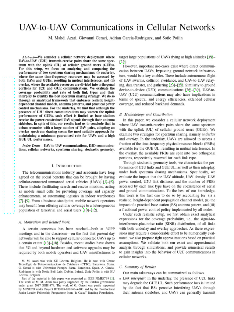 UAV-to-UAV Communications in Cellular Networks | PDF | Unmanned Aerial Vehicle | Cellular Network