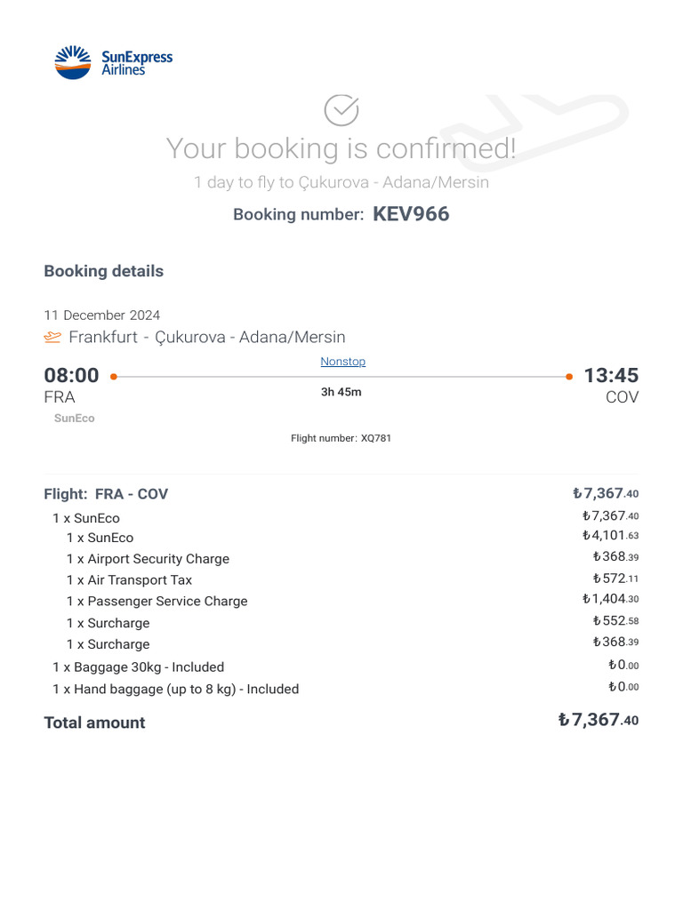 SunExpress Flight Booking Confirmation | PDF