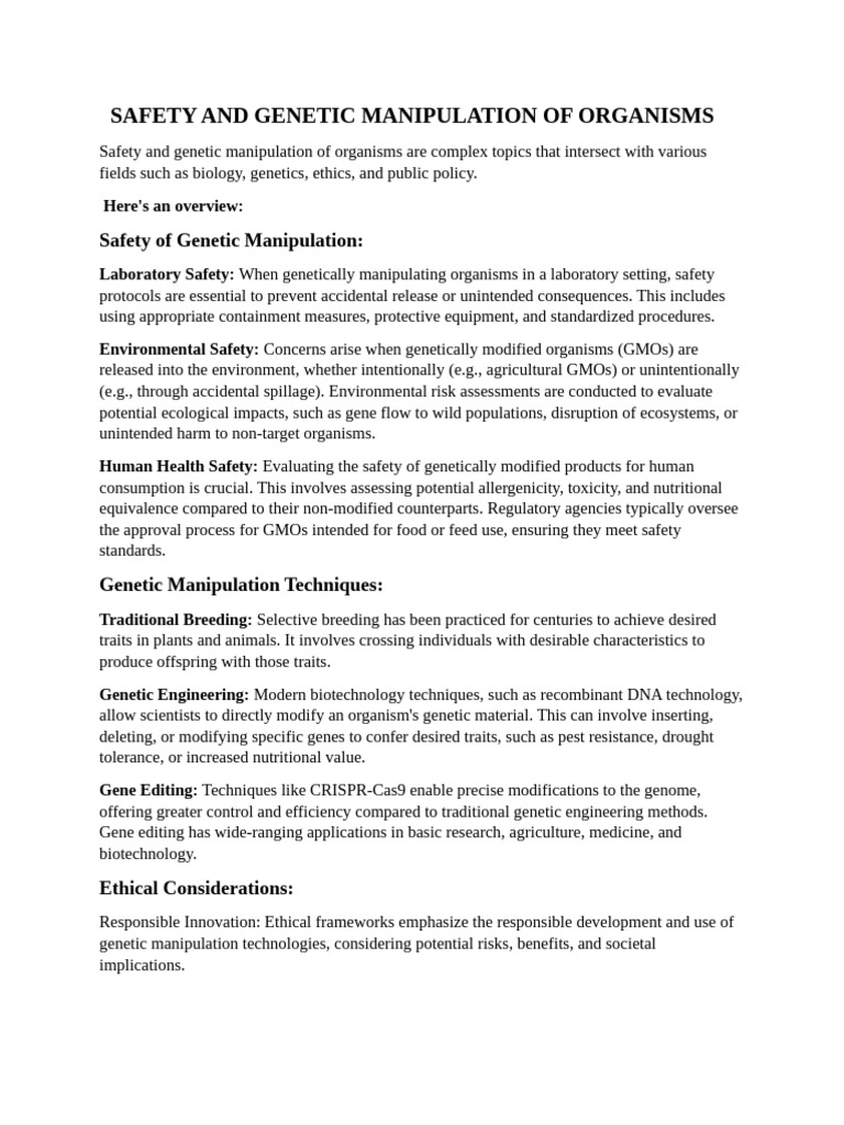 Safety and Genetic manipulation | PDF | Genetic Engineering | Genetically Modified Organism
