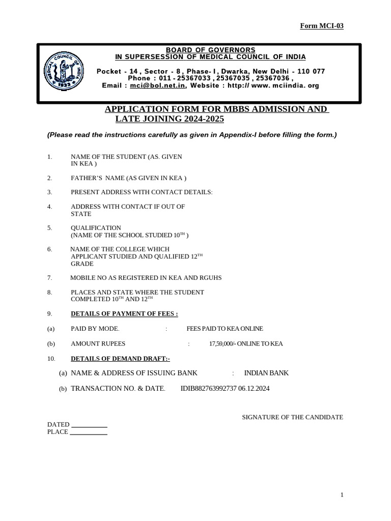 MBBS Admission Application Form 2024-2025 | PDF