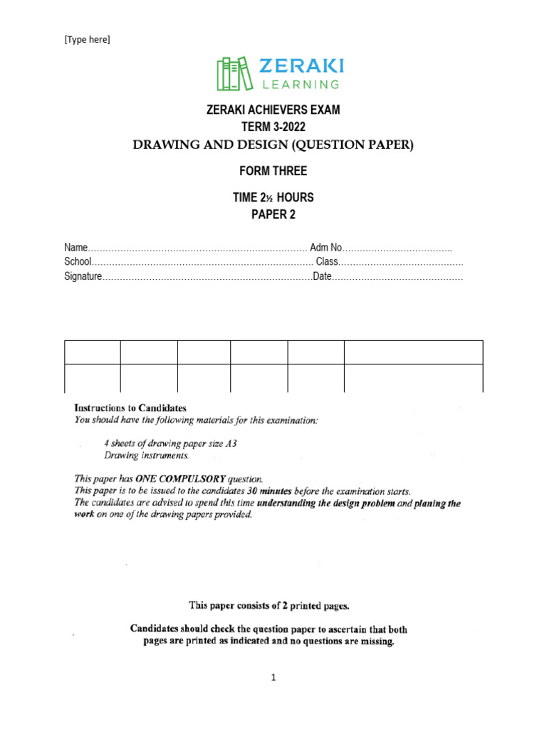 Form Three Drawing & Design Exam 2022 | PDF