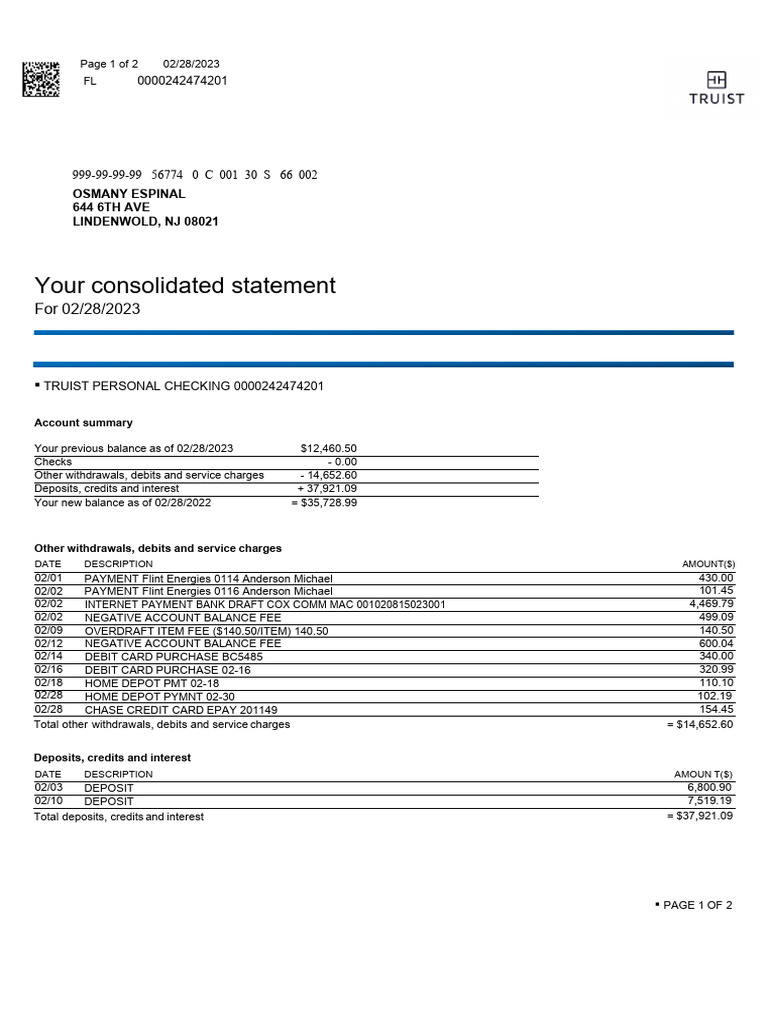 Truist Personal Checking Statement | PDF