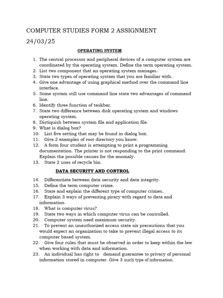 Form 2 Computer Studies Assignment | PDF