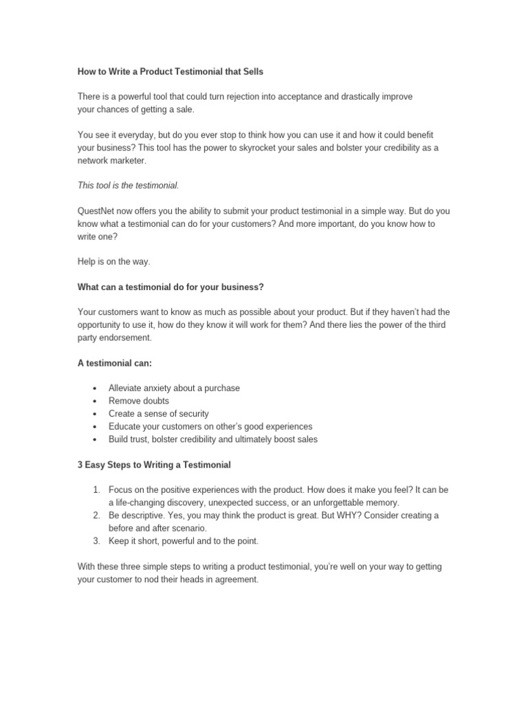 How To Write A Product Testimonial That Sells | PDF