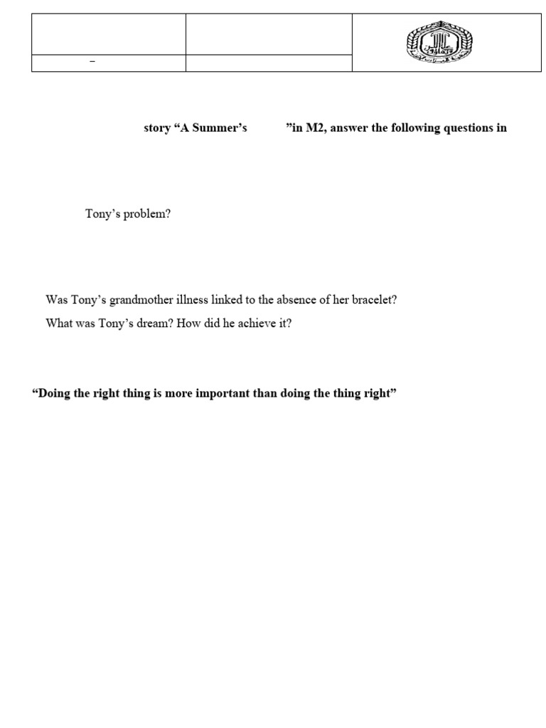 A) After Reading The Story "A Summer's Trade "In M2, Answer The ...