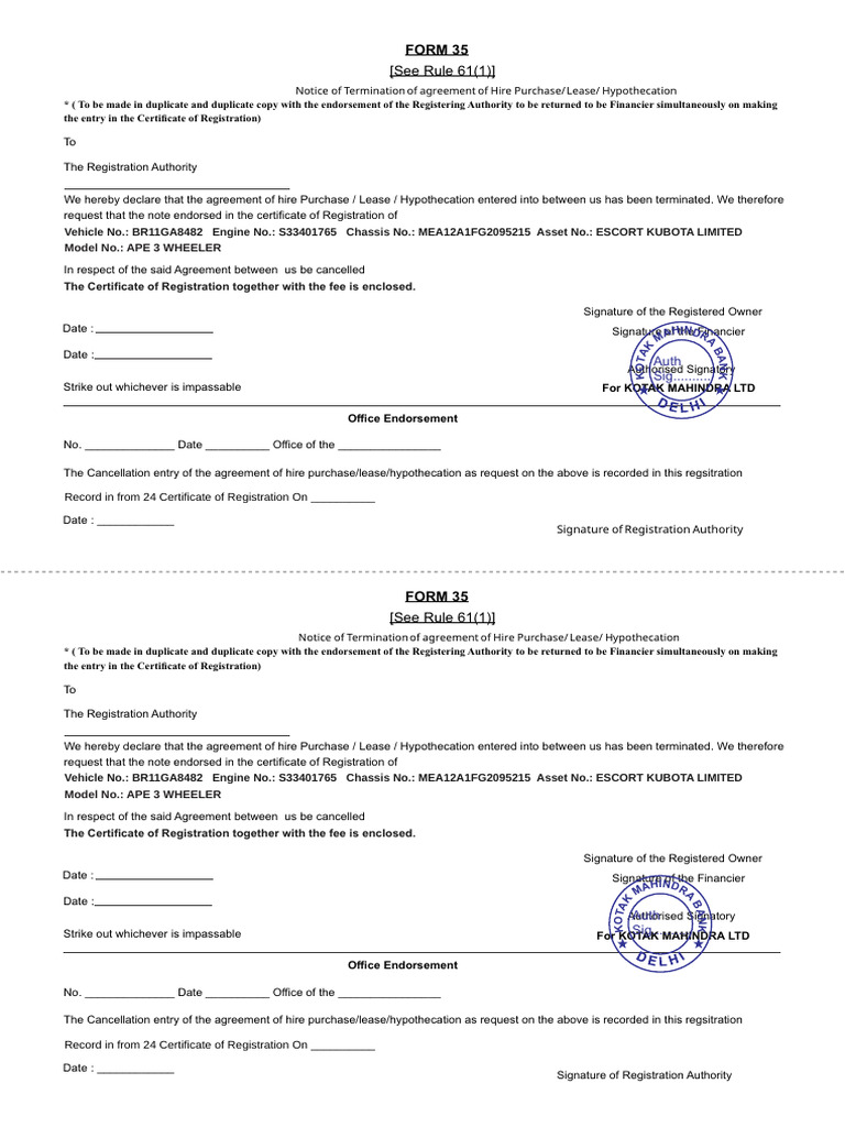 Kotak Mahindra Form 35 Template | PDF | Lease | Law And Economics