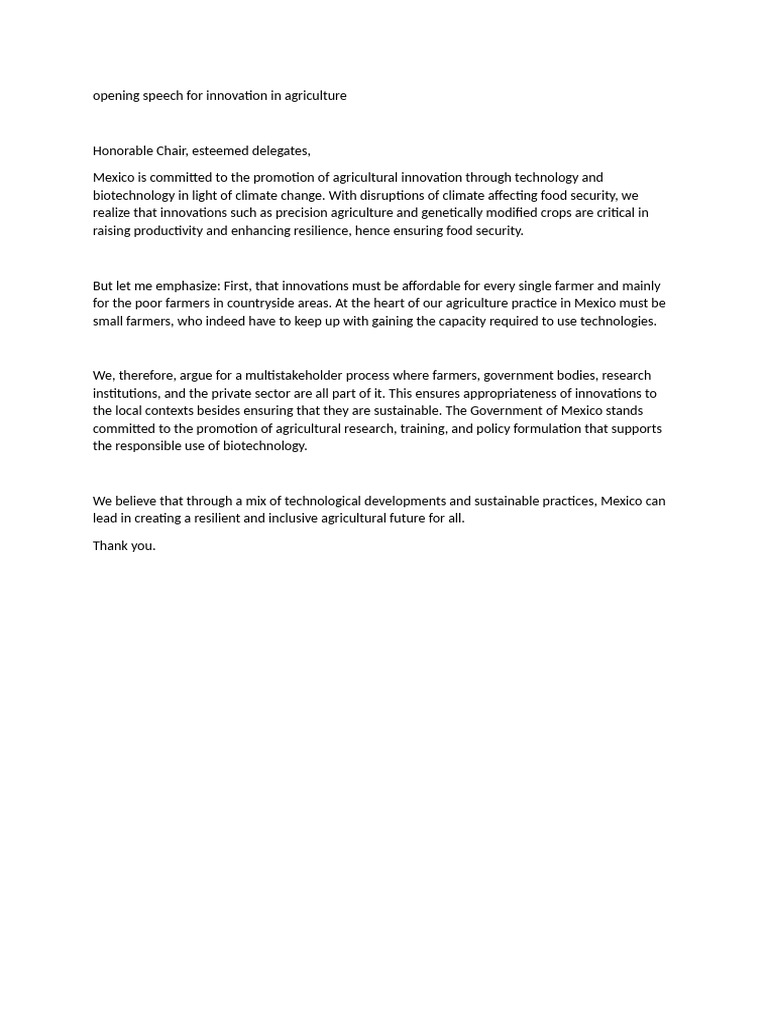 Opening Speech For Innovation in Agriculture | PDF