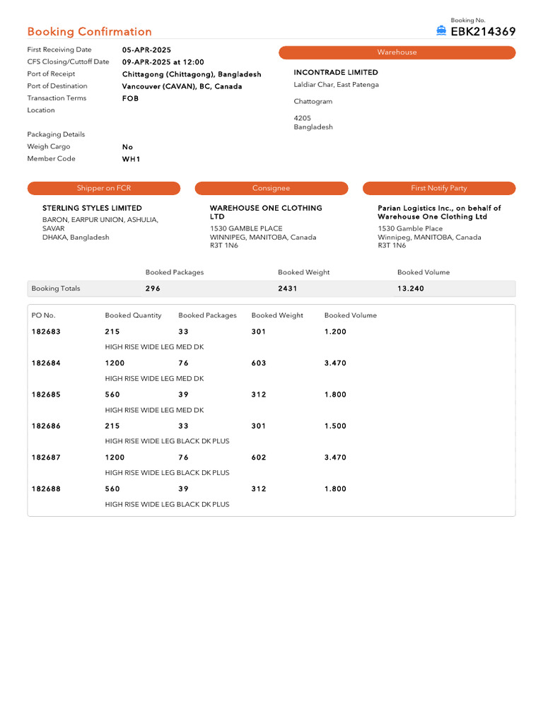 Booking Confirmation for Shipment to Canada | PDF | Freight Transport ...