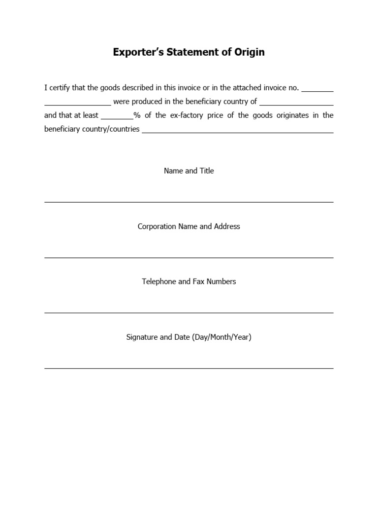 Exporter's Statement of Origin Template | PDF
