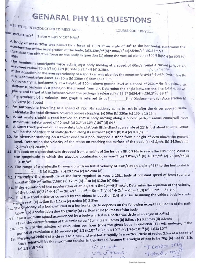 PHY 101 Past Questions | PDF