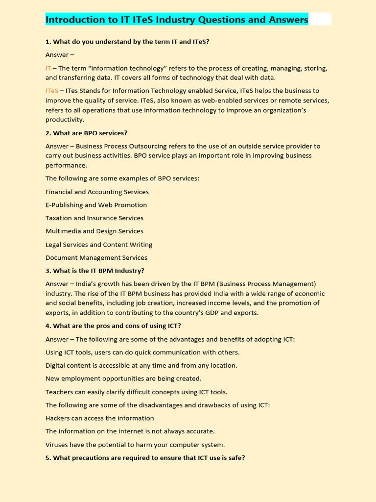 Introduction To IT ITeS Industry Questions and Answers | PDF ...