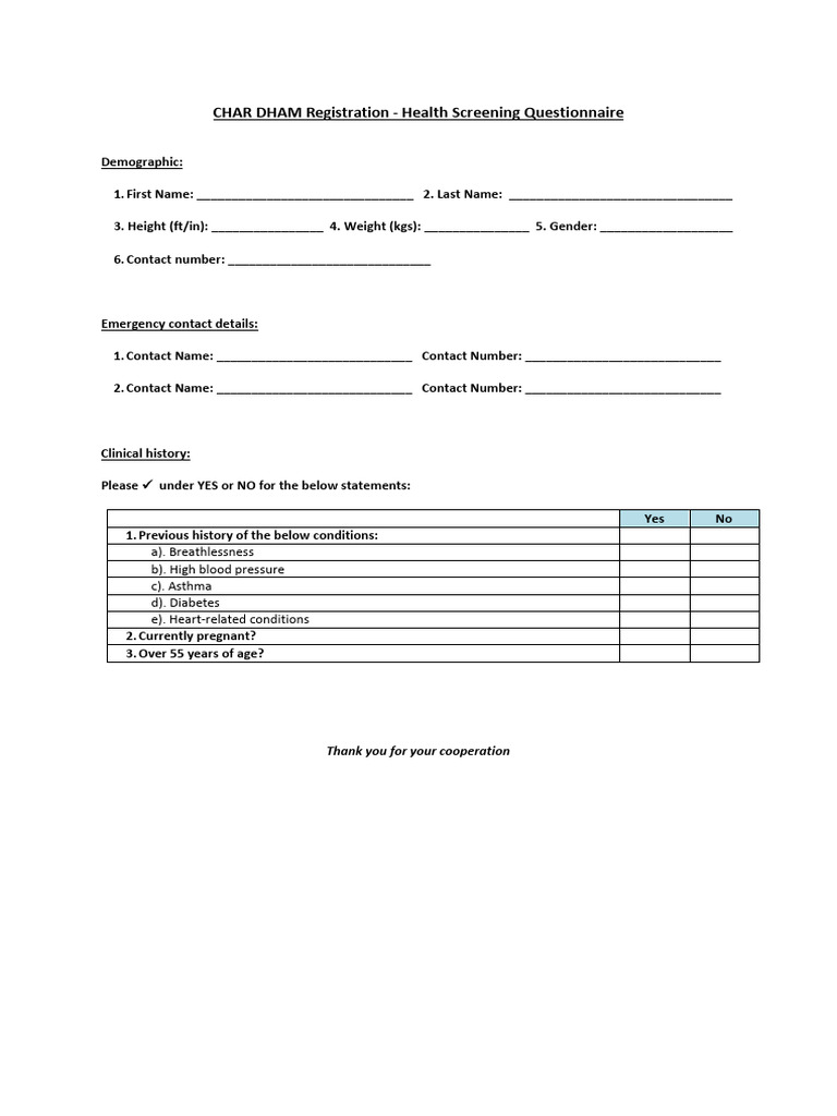 Medical Screening Form | PDF