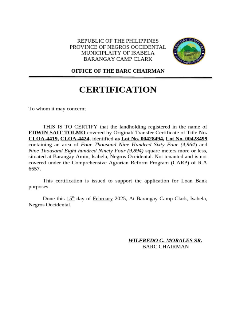Certification of Landholding in Isabela | PDF