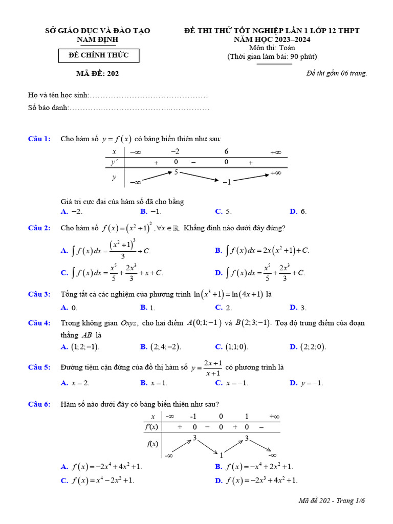 Toanmath Pdfde Thi Thu Tot Nghiep THPT 2024 Mon Toan Lan 1 So GDDT Nam Dinh PDF | PDF