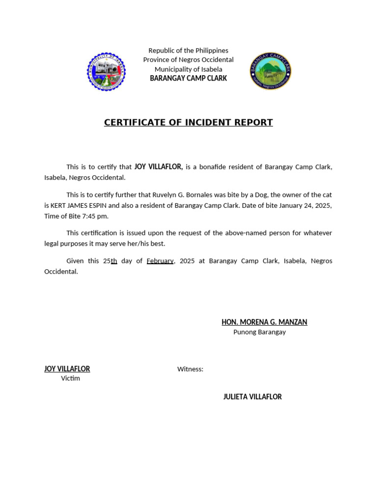 Dog Bite Incident Report Certificate | PDF