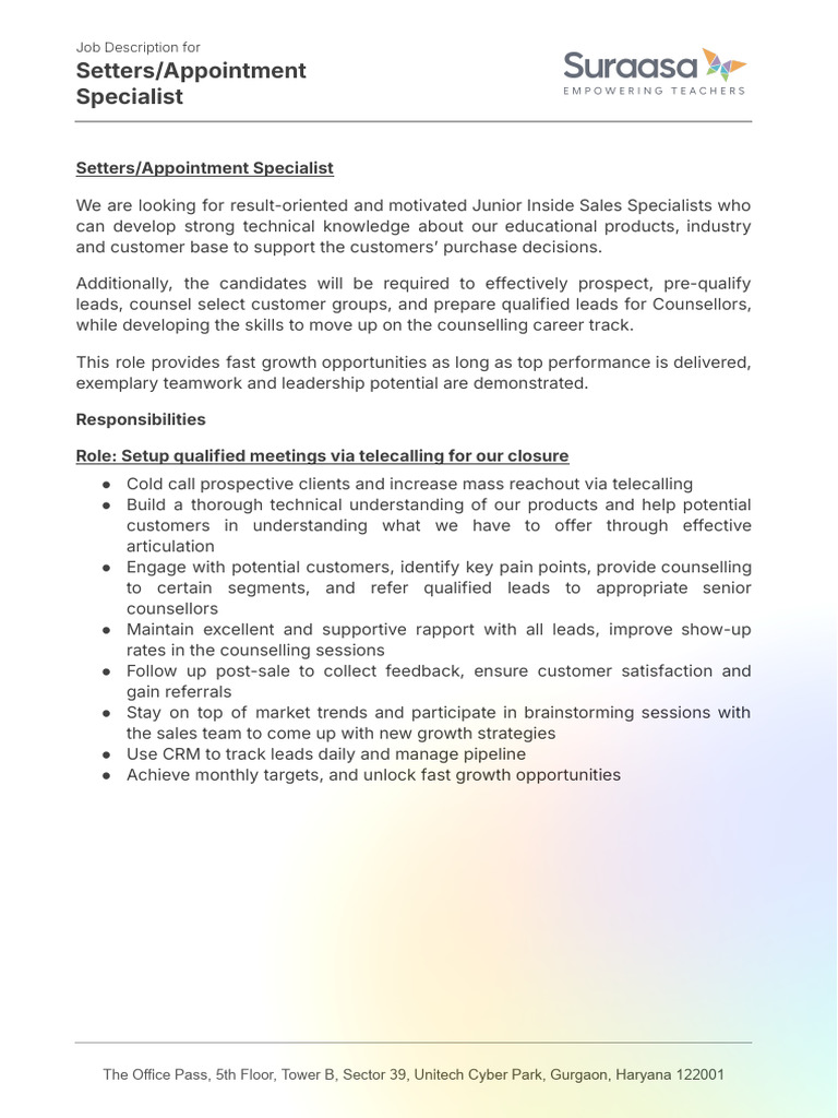 Job Description For Setters - Appointment Specialist at Suraasa | PDF ...
