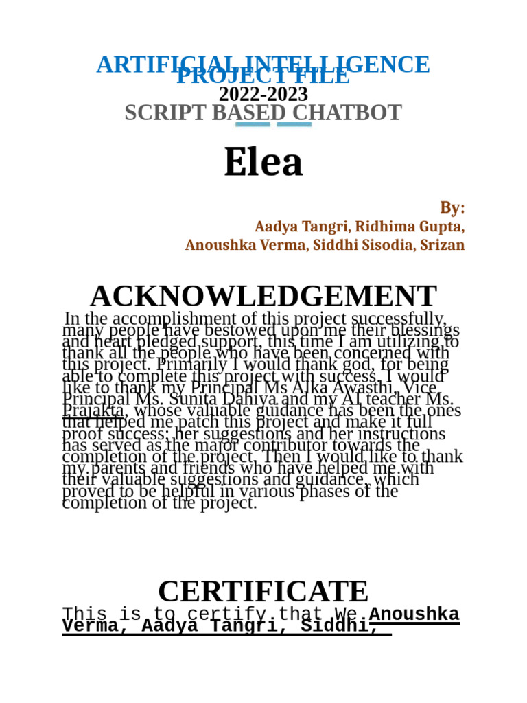 AI Project File - Elea Chatbot | PDF | Artificial Intelligence | Intelligence (AI) & Semantics