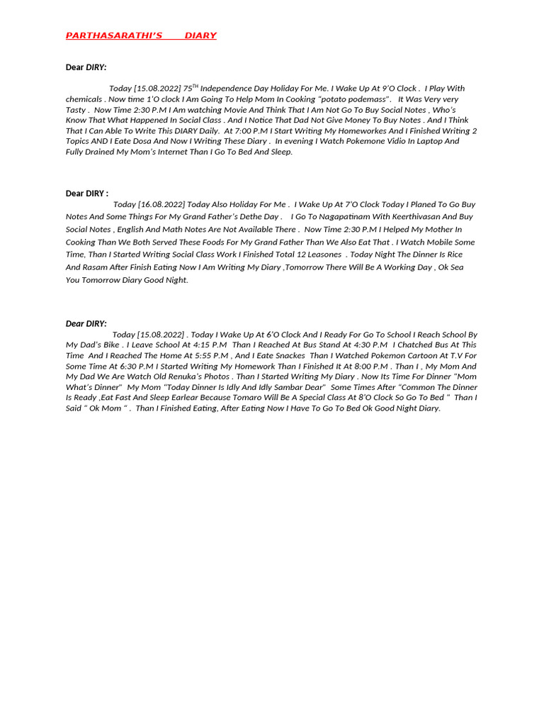 Parthasarathi's Personal Diary Entries | PDF