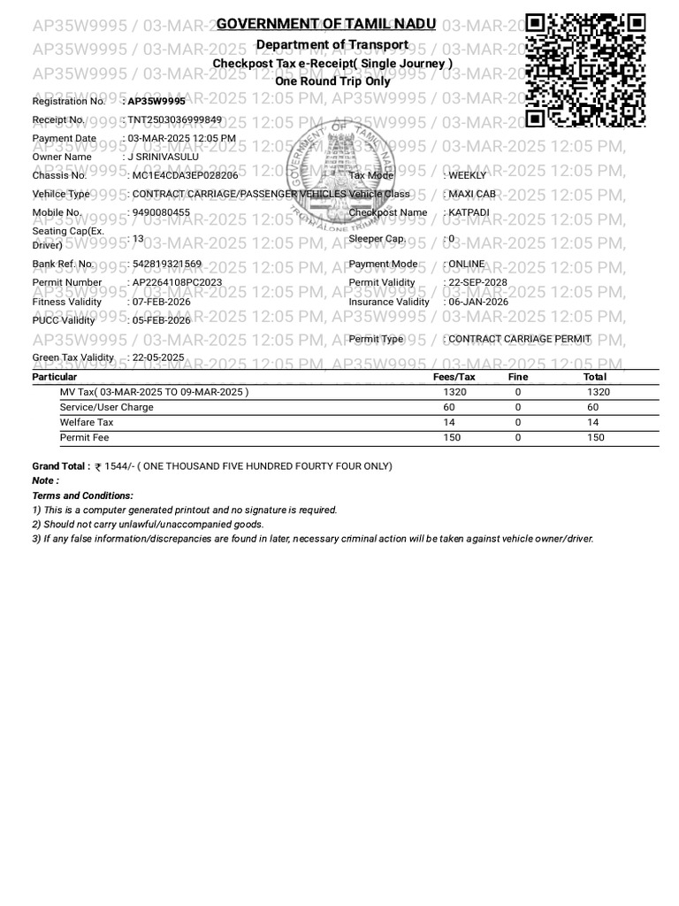 Tamil Nadu Checkpost Tax Receipt AP35W9995 | PDF | Land Transport | Vehicles
