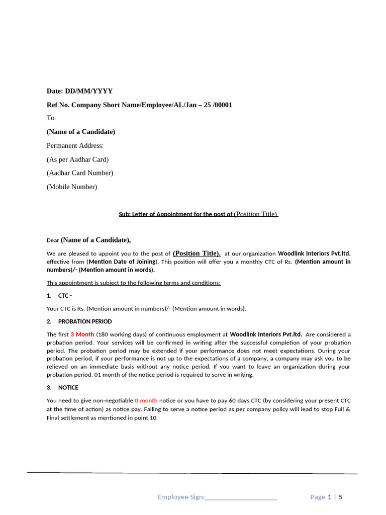 Appointment Letter Template | PDF | Employment | Employee Benefits