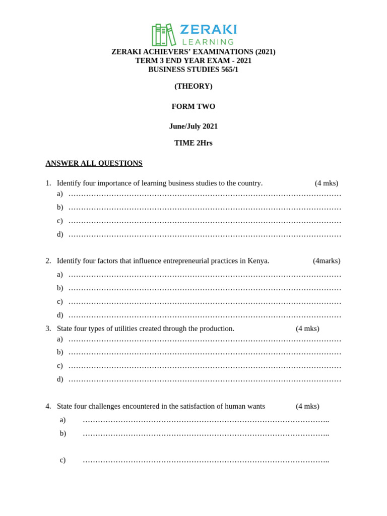 Business Studies Form 2 - Zeraki Achievers 3.0 - Question Paper | PDF ...