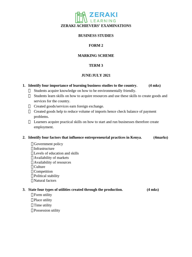 Business Studies Form 2 - Zeraki Achievers 3.0 - Marking Scheme | PDF ...
