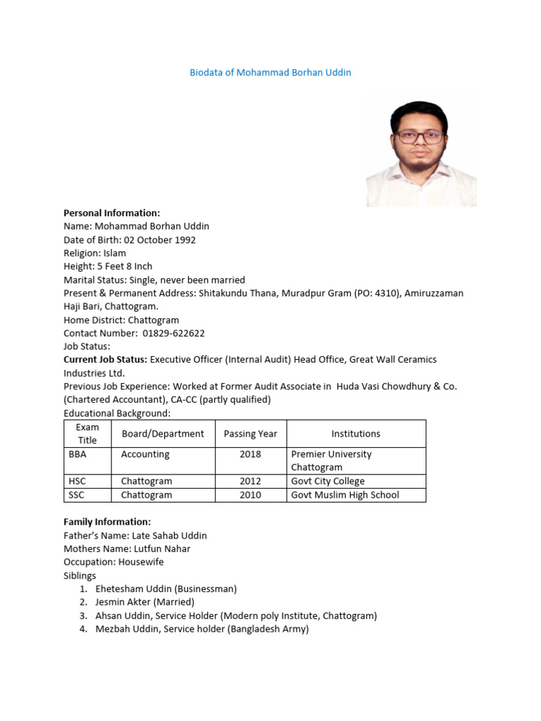 Personal Information:: Biodata of Mohammad Borhan Uddin | PDF