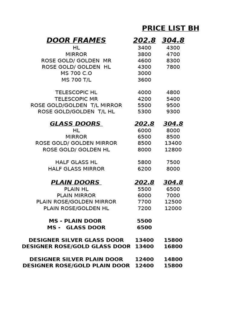 BHE Price List for Door Frames & Cabins | PDF | Glass Engineering And ...