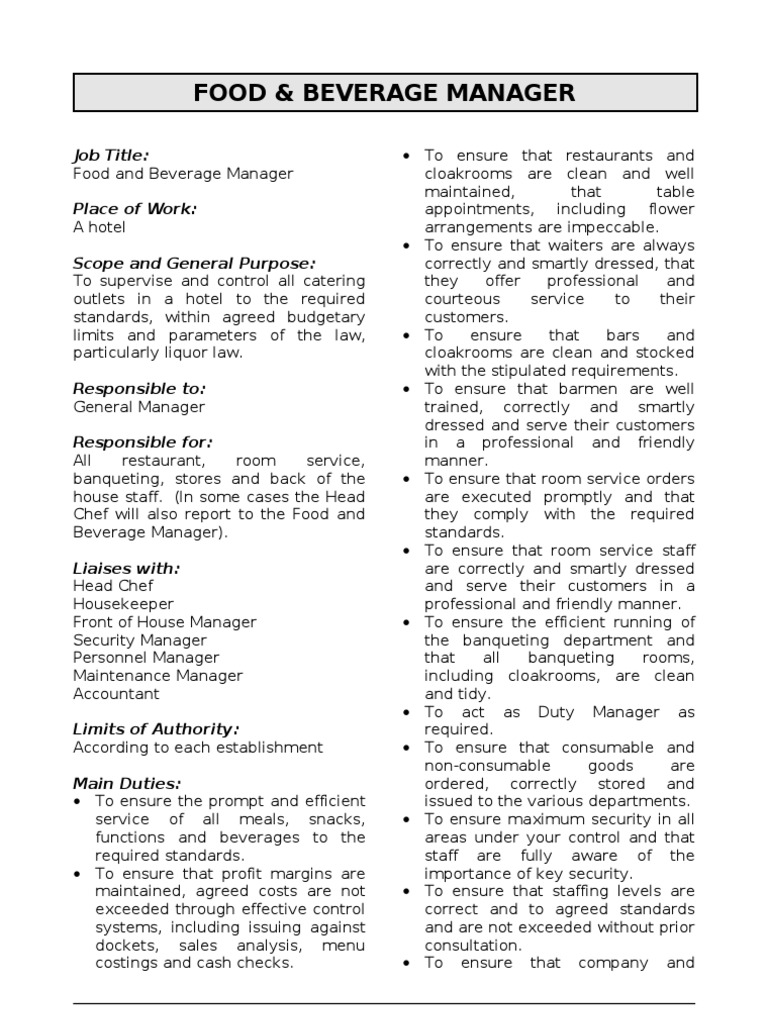 Food & Bevrage Manager Job Description | PDF | Chef | Debits And Credits