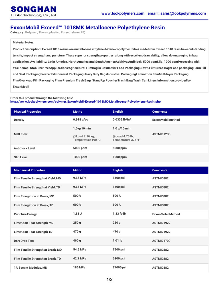 ExxonMobil Exceed 1018MK Metallocene Polyethylene Resin | PDF ...
