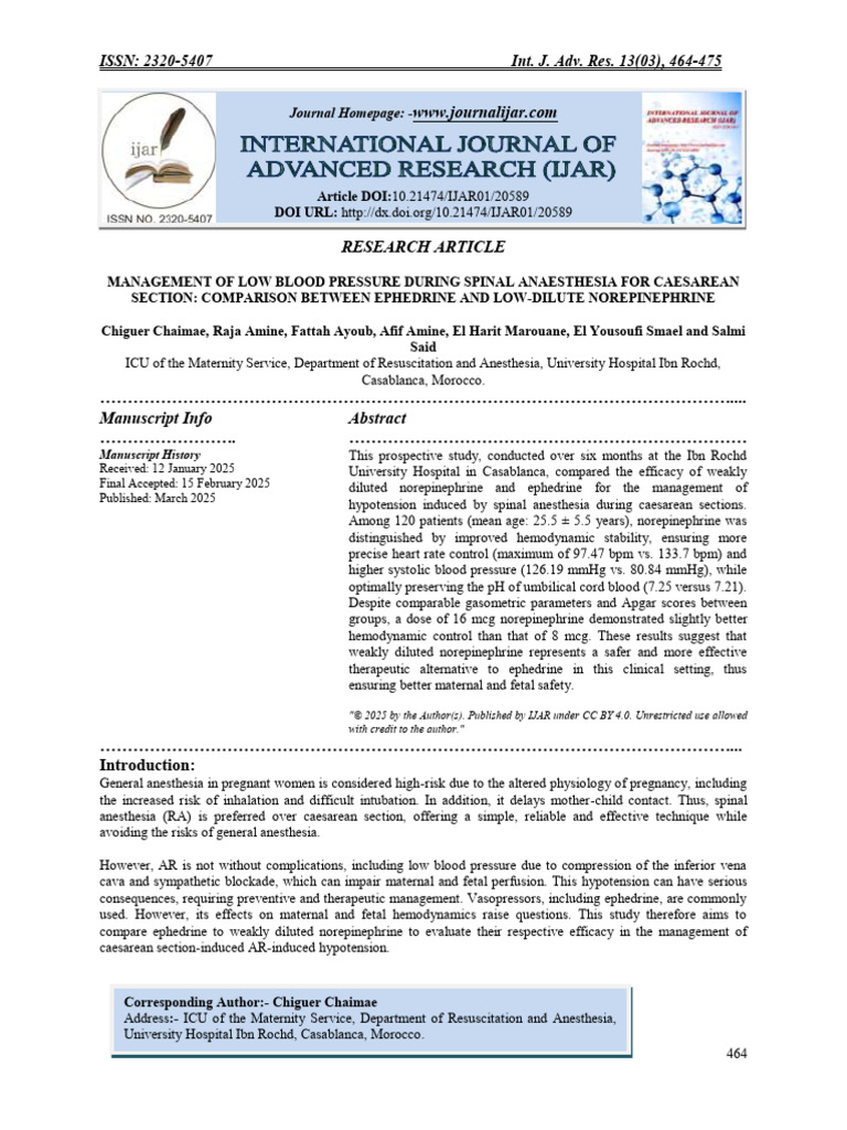 MANAGEMENT OF LOW BLOOD PRESSURE DURING SPINAL ANAESTHESIA FOR CAESAREAN SECTION: COMPARISON ...