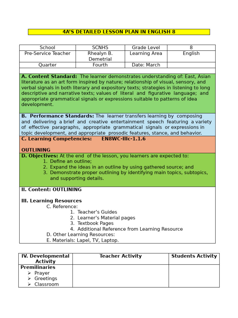 English 8 Lesson Plan: Outlining Skills | PDF | Learning | Human ...