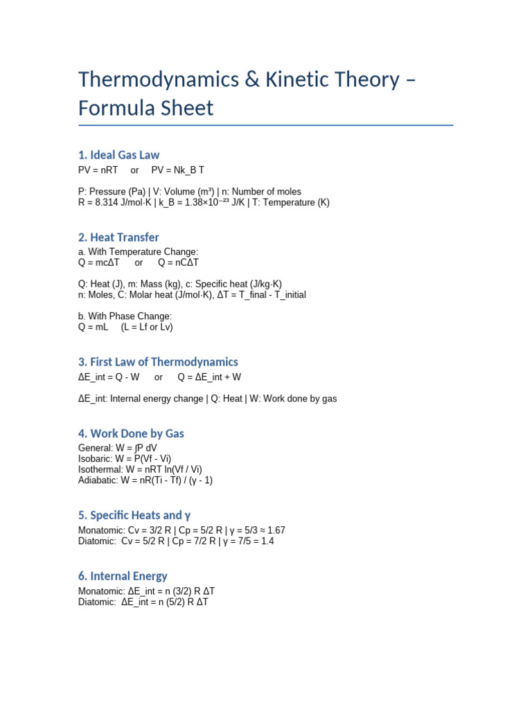 Thermodynamics Formula Sheet Compact | PDF