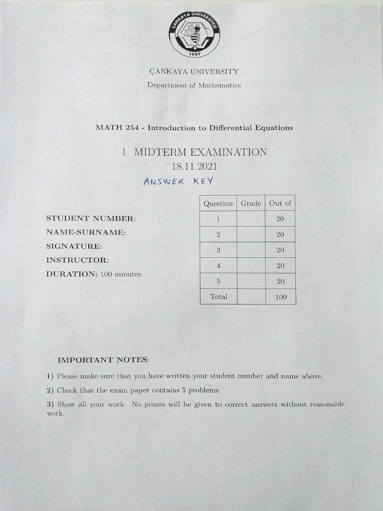 Math254 Midterm1 Answer Key | PDF