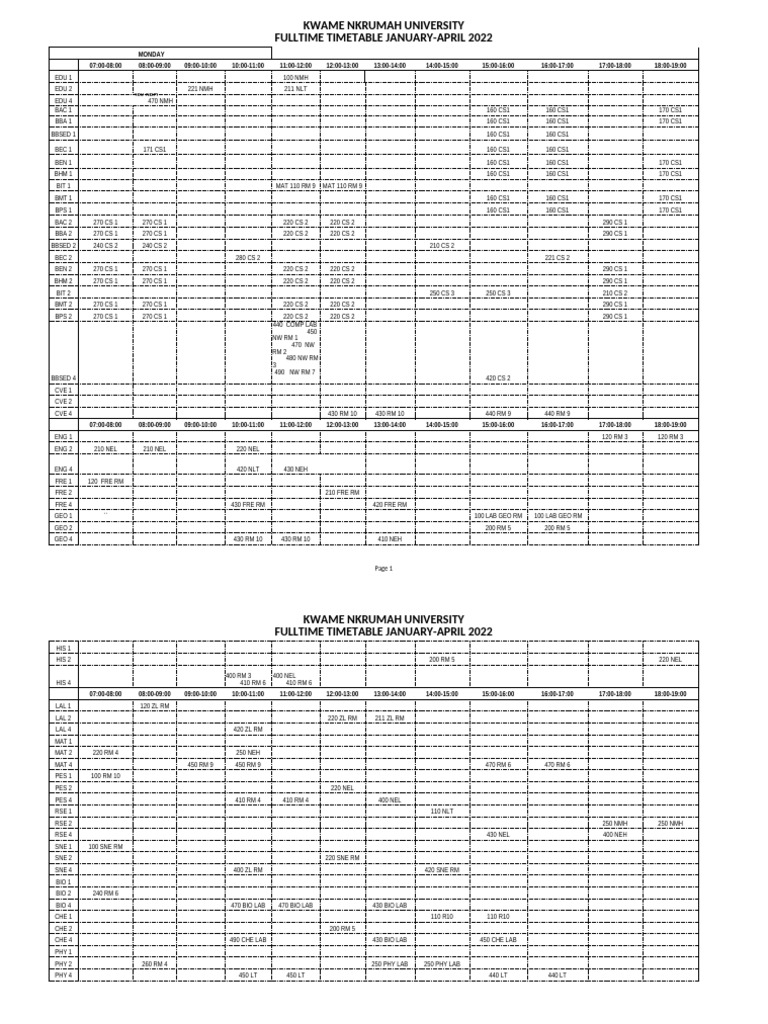 FULLTIME TIMETABLE JANUARY-APRIL 2022 | PDF