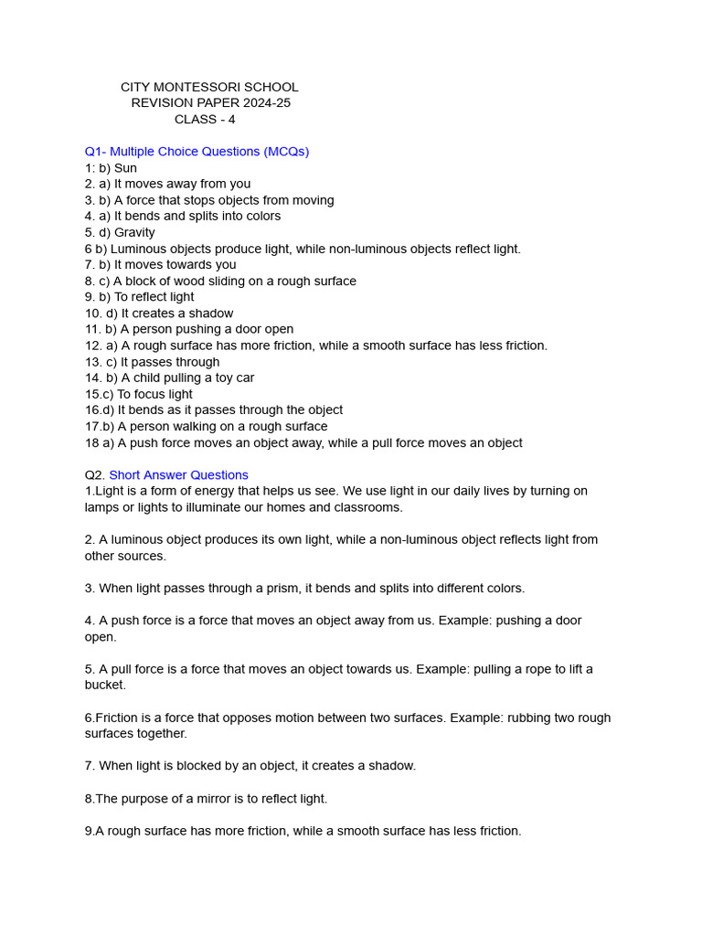 Science Revision (Answer Key) 2024-25 | PDF | Friction | Light