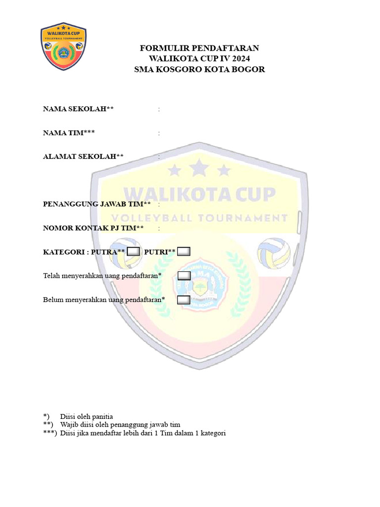 Formulir Pendaftaran Walikota Cup IV 2024 | PDF
