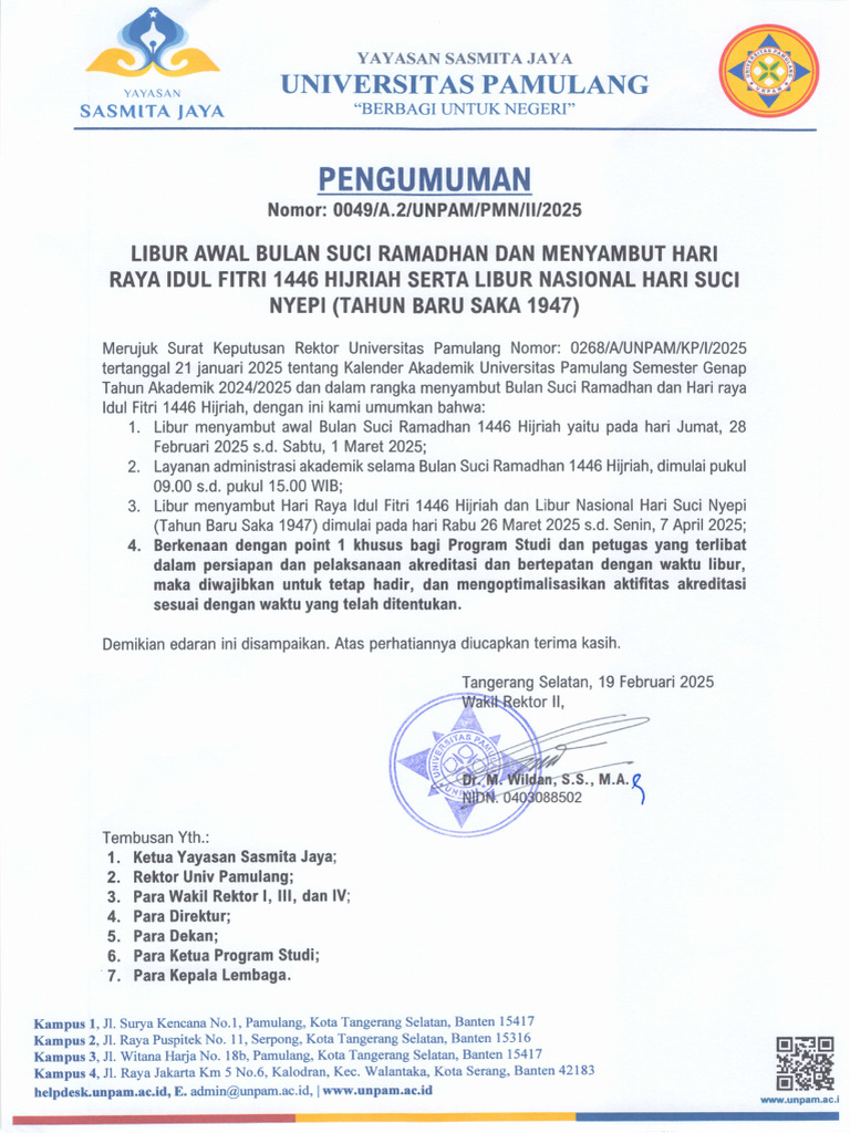0049.19.2.2025 PENGUMUMAN LIBUR AWAL RAMADHAN DAN MENYAMBUT HARI RAYA IDUL FITRI 1446 | PDF