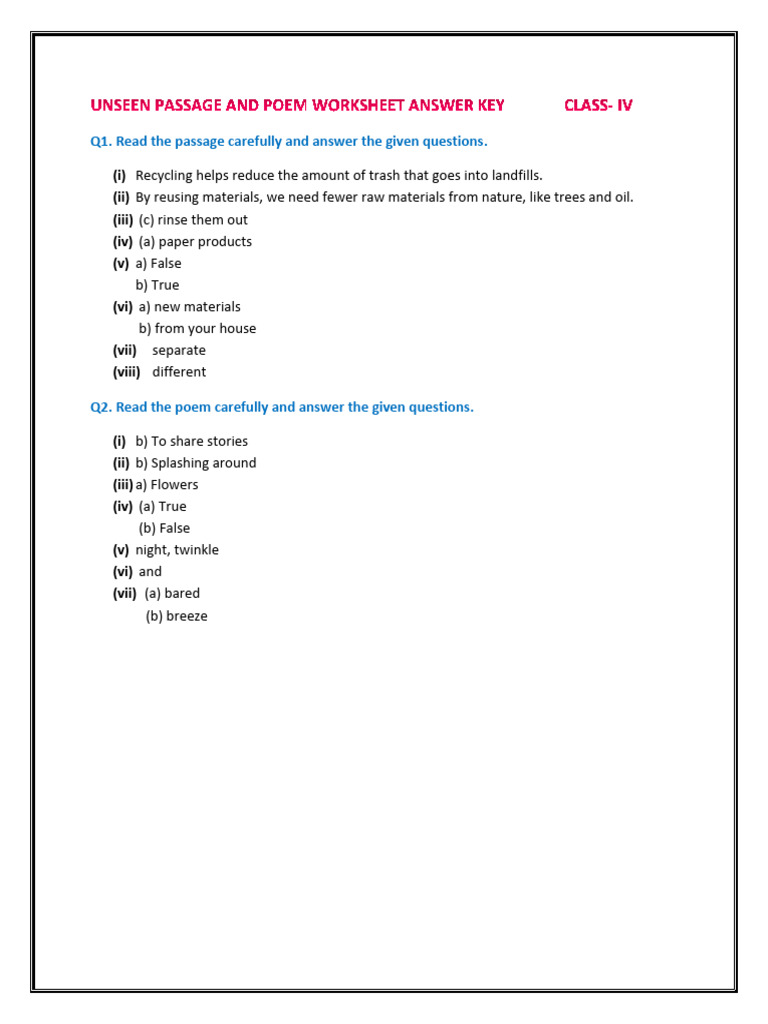 Answer Key of Unseen Passage and Poem Worksheet _250301_141816 | PDF
