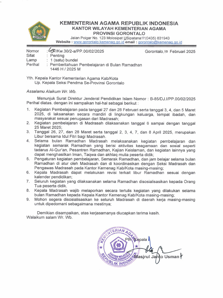 Pemberitahuan Pembelajaran Di Bulan Ramadhan 1446 H - 2025 | PDF