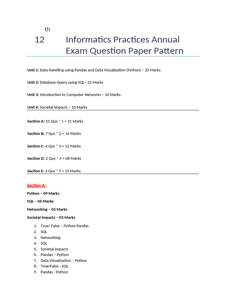 Informatics Practices Exam Pattern | PDF | Sql | Table (Database)