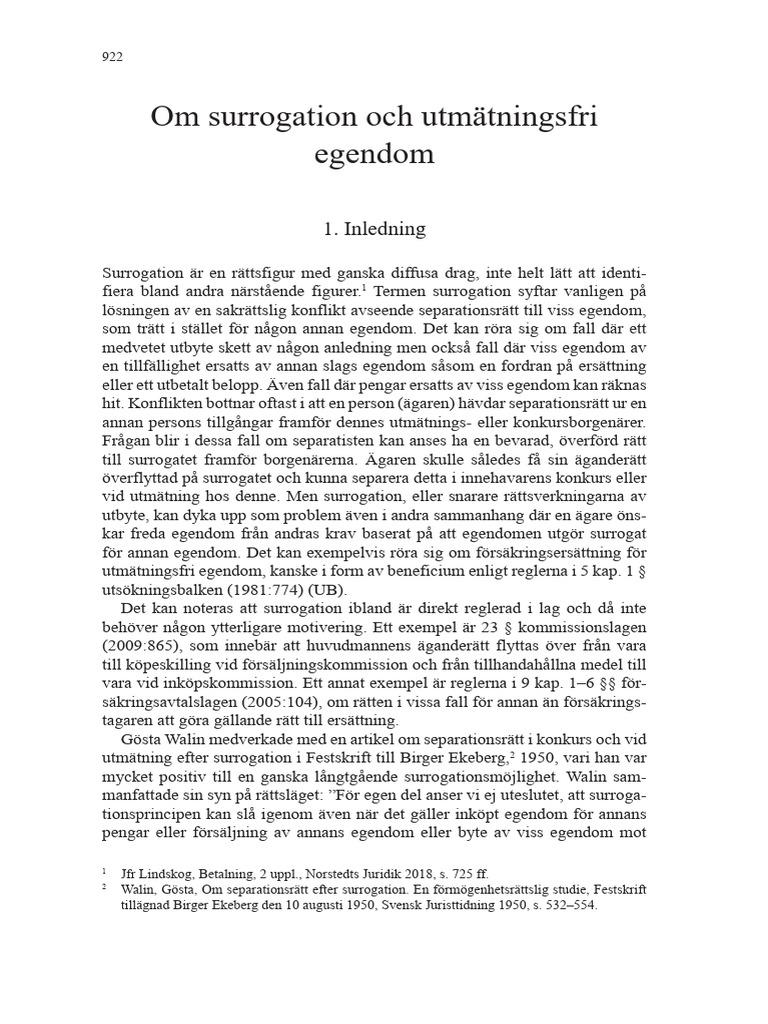 Om Surrogation Och Utmätningsfri Egendom: 1. Inledning | PDF