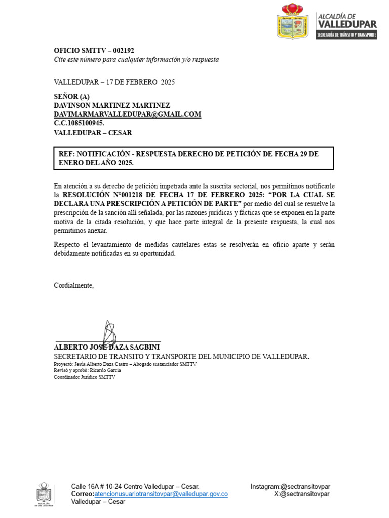 8 - Oficio STTV - 002191 Respuesta Derecho de Petición Davinson ...