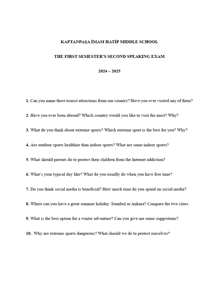 Kaptanpaşa Imam Hatip Speaking Exam 2024 | PDF