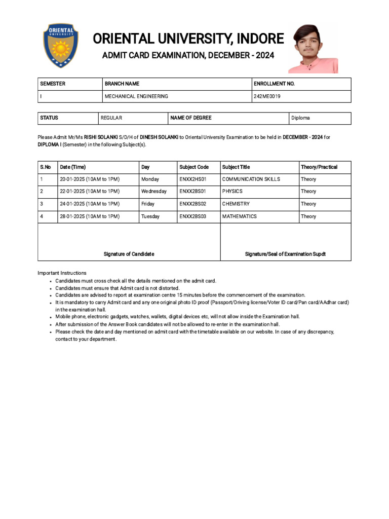 Oriental University, Indore Admit Card | PDF