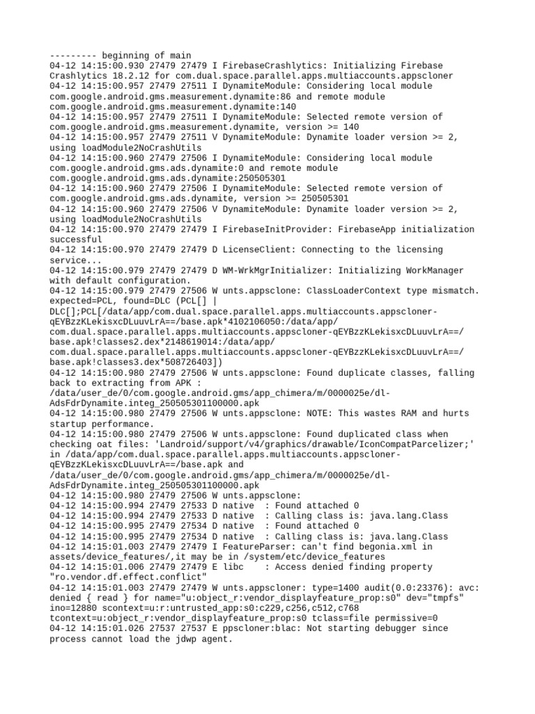 Com - Dual.space - Parallel.apps - Multiaccounts.appscloner Logcat | PDF | Android (Operating ...