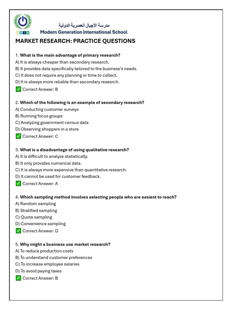Market Research Practice Questions | PDF | Sampling (Statistics ...