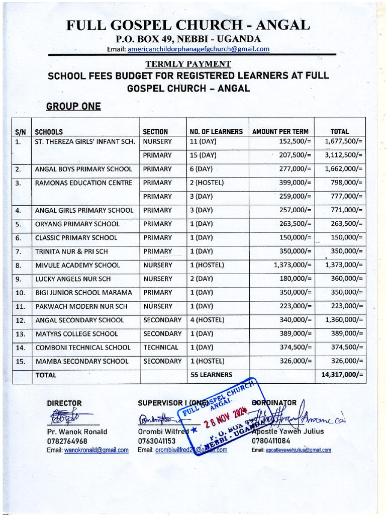 Full Gospel Church - Angal Termly Final Fees Structure | PDF