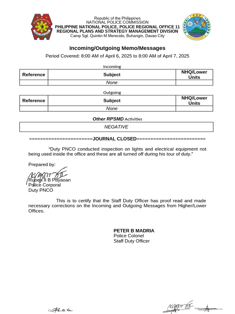 PNP Memo: April 6-7, 2025 Summary | PDF